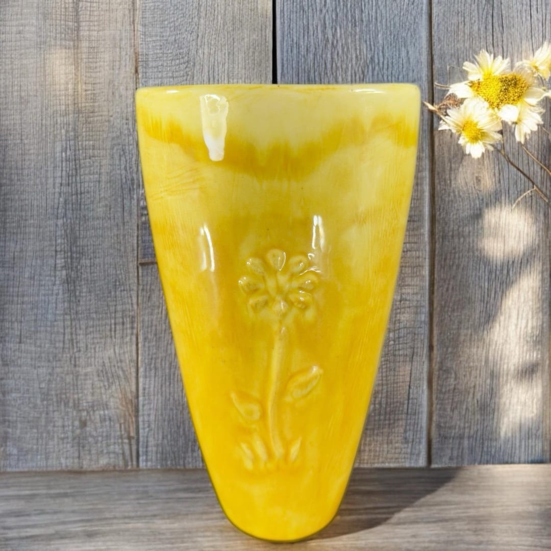 Antique Tall Yellow Pottery Vase Embossed Flower USA Hand Made Vase ...