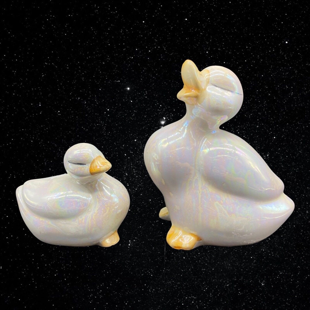 Lusterware Ceramic Mother & Child White Duck Goose Figurines 3.5-6.5”T ...