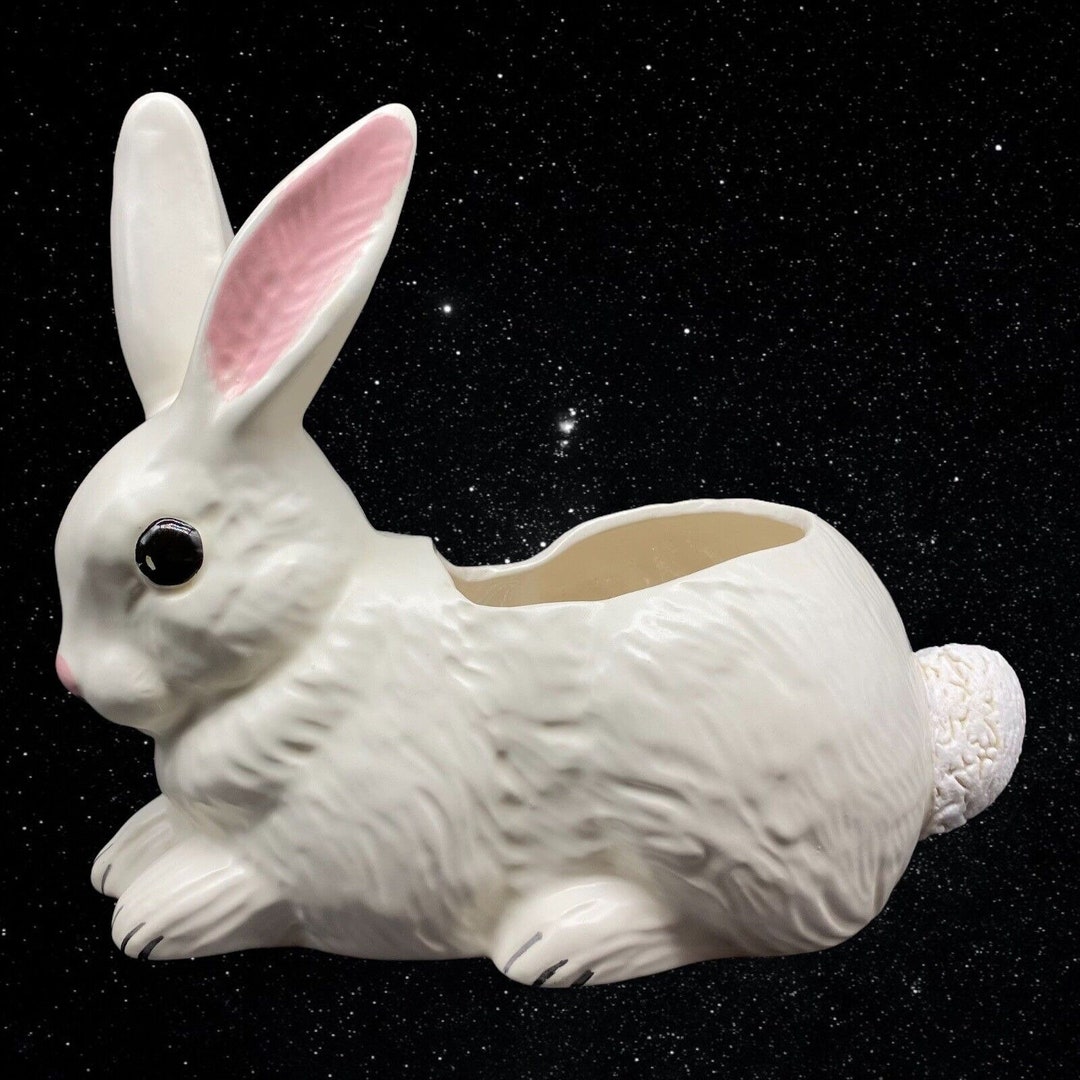 Vintage Ceramic Art Pottery White Bunny Rabbit Planter Vase 7.75”T 8.5 ...