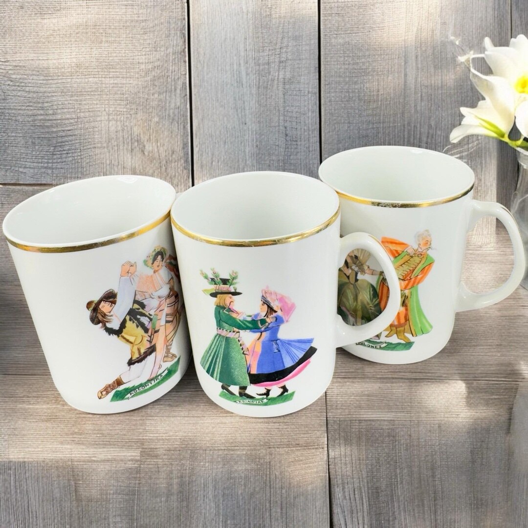 Vintage Farolina Traditional Polish Dancing Coffee Cups Mugs Set 3 Made ...