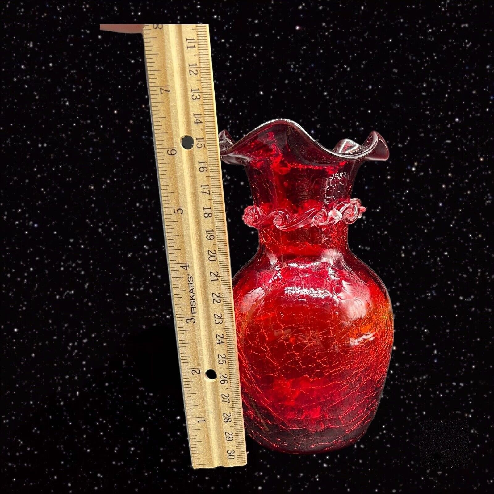 Ruby Red Art Glass Vase Crackled Glass Clear Applied Ruffles - Etsy