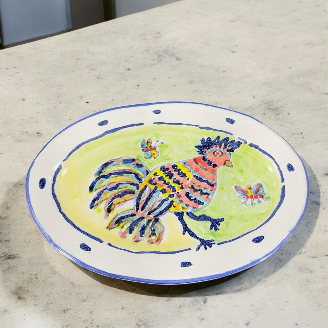 Folk Art Redware Pottery Oval Dish Platter Plate Painted Bird Artist ...