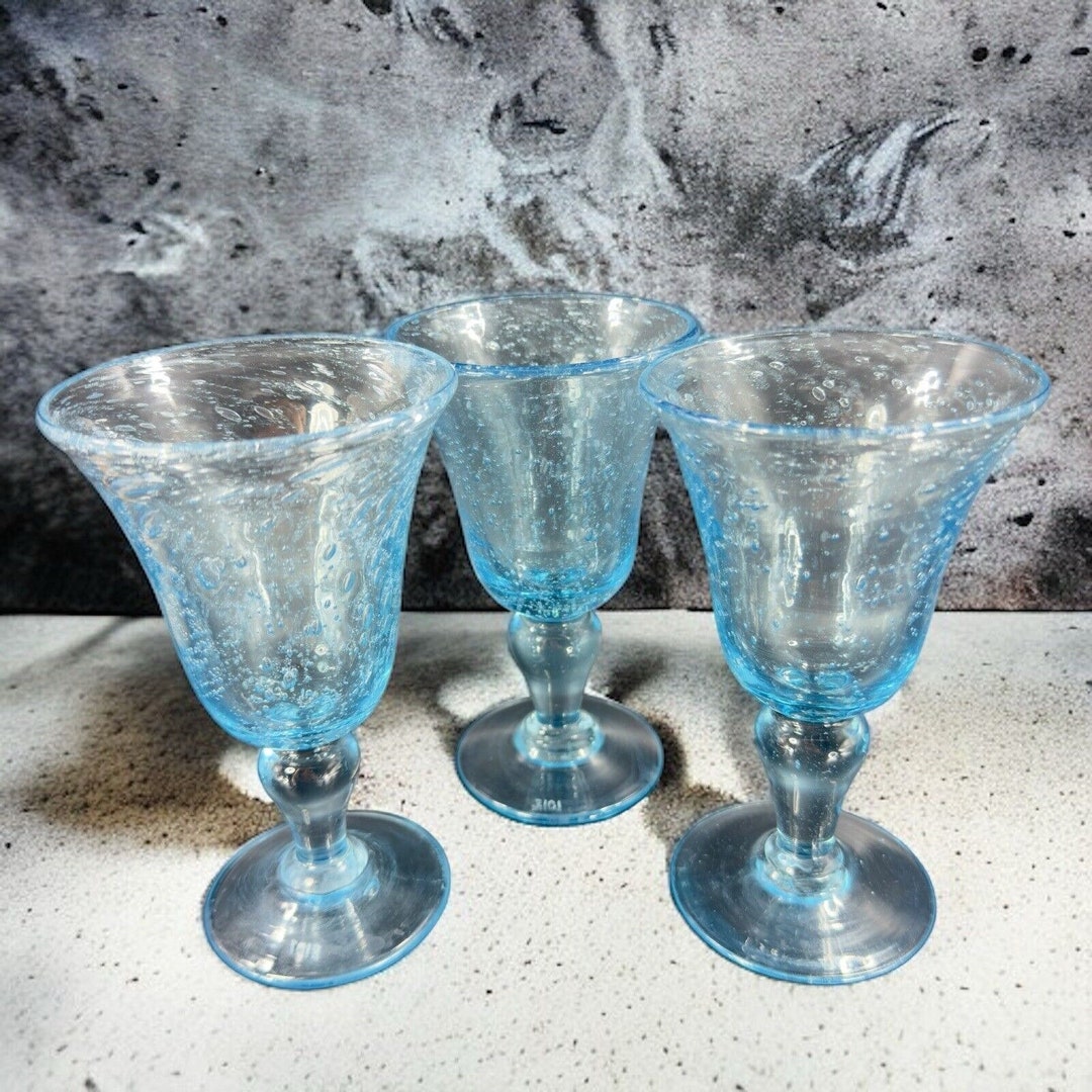 Hand Blown Studio Art Glass Drinking Goblets Transparent Light Blue ...