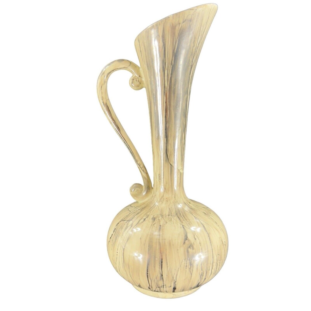 Mid Century Ceramic Large Jug Vase W Handle Hand Painted Brushed Glaze ...