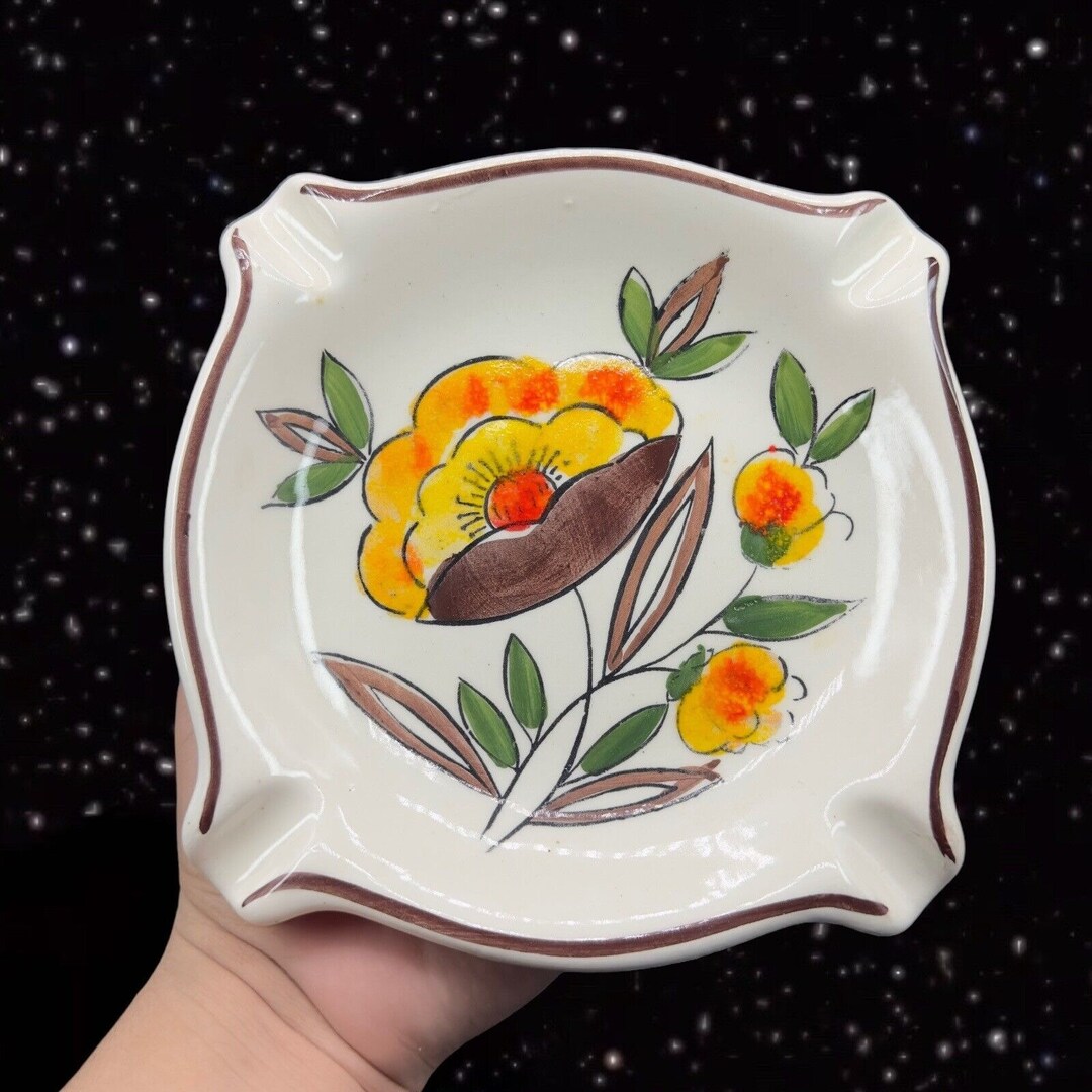 Vintage Brazilian Pottery Colorful Floral Hand Painted Ashtray Dish ...
