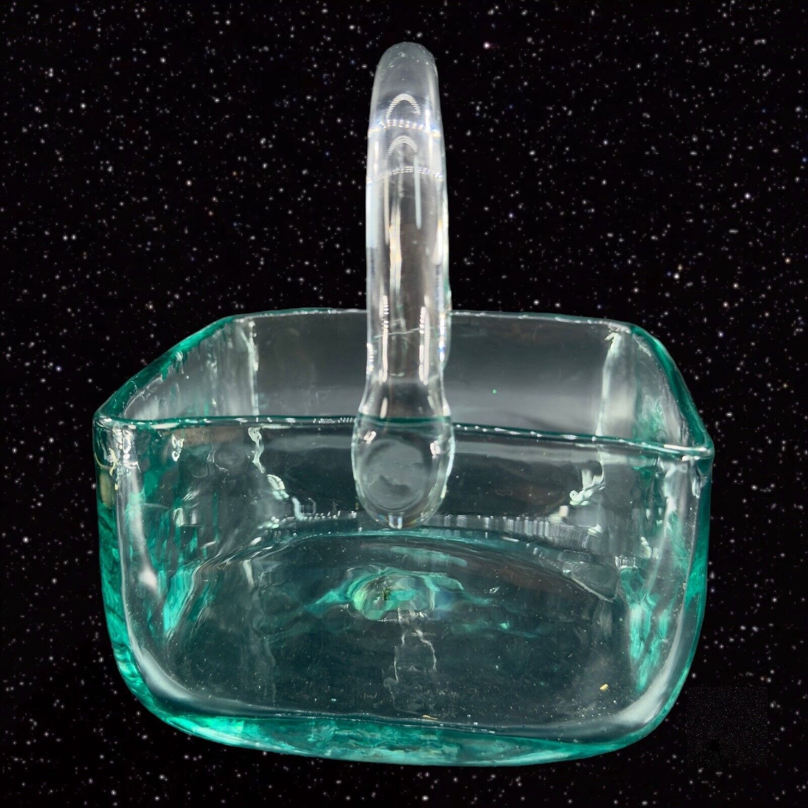 Blenko Teal Green Glass Square Basket With Clear Handle Manganese 365nm ...