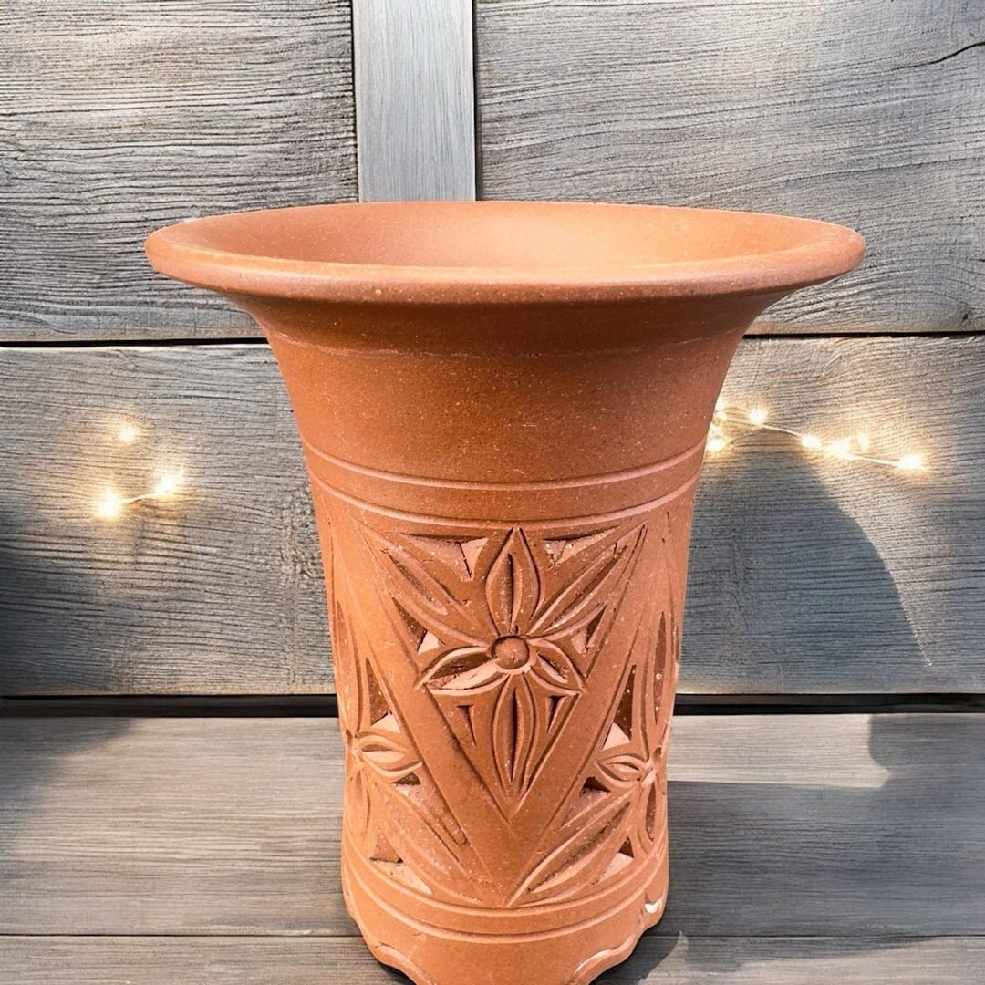 Purple Clay Terracotta Flower Pot Planter Tall Carved Oriental Marks ...