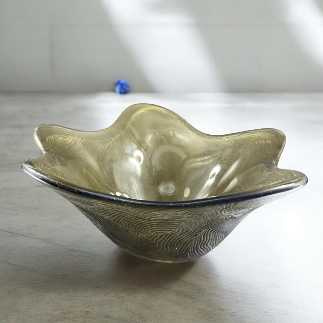 Sasaki Stephen Dweck Glass Bowl Abstract Shape Olive Green Satin Swirl ...