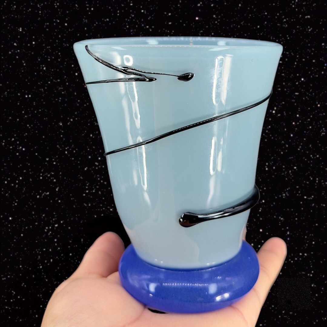 Hand Blown Art Glass Vase Angled Light Blue Black Swirls Cobalt Bottom ...