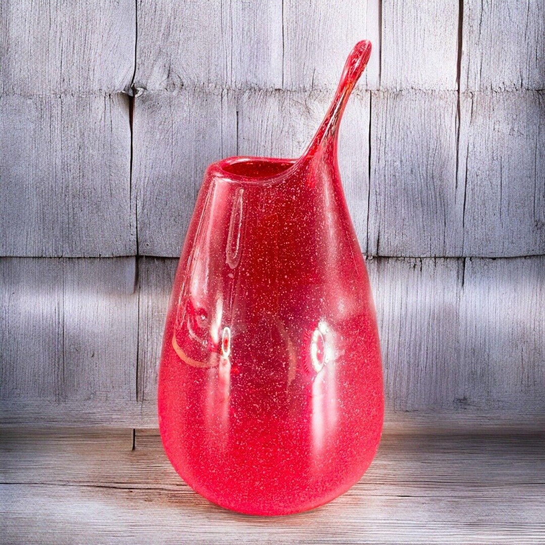 Hand Blown Studio Art Glass Vase Hand Made Glassware Vessel Red Open ...