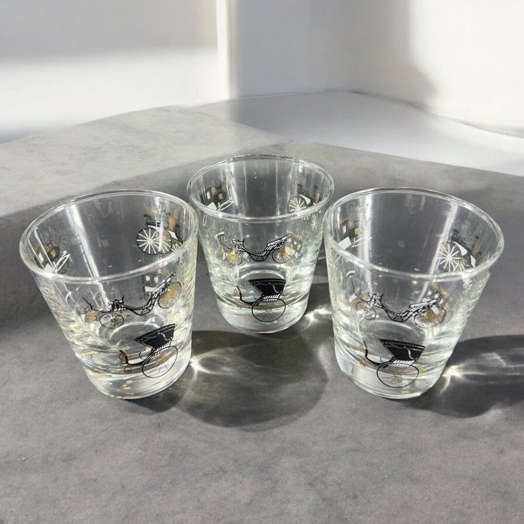 Libbey Clear Barware Glasses Stagecoach Lowball Tumbler Set 3 Vintage ...