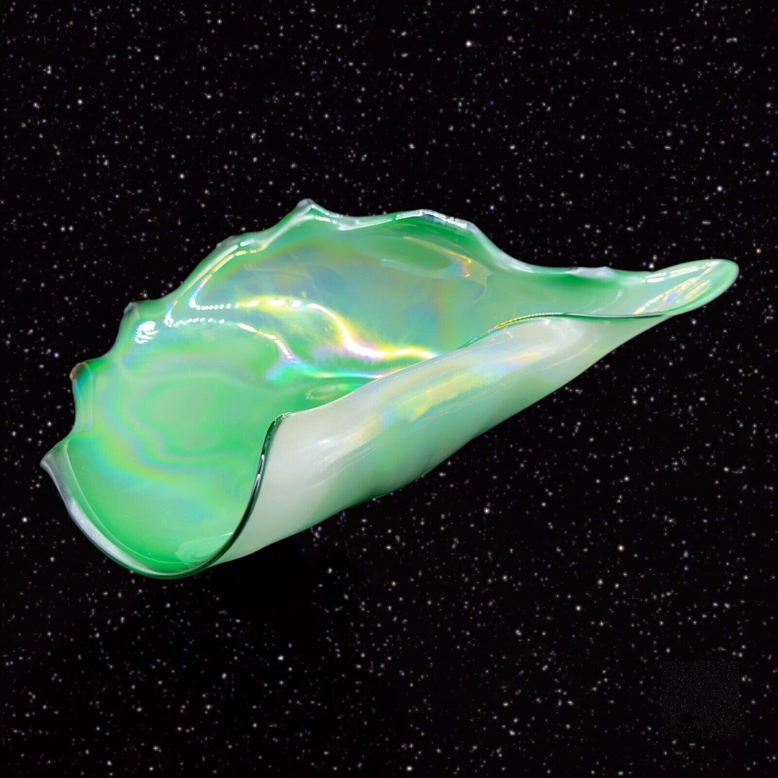 Polish Art Glass Folded Bowl Dish Glass Green Iridescent Poland Vintage ...
