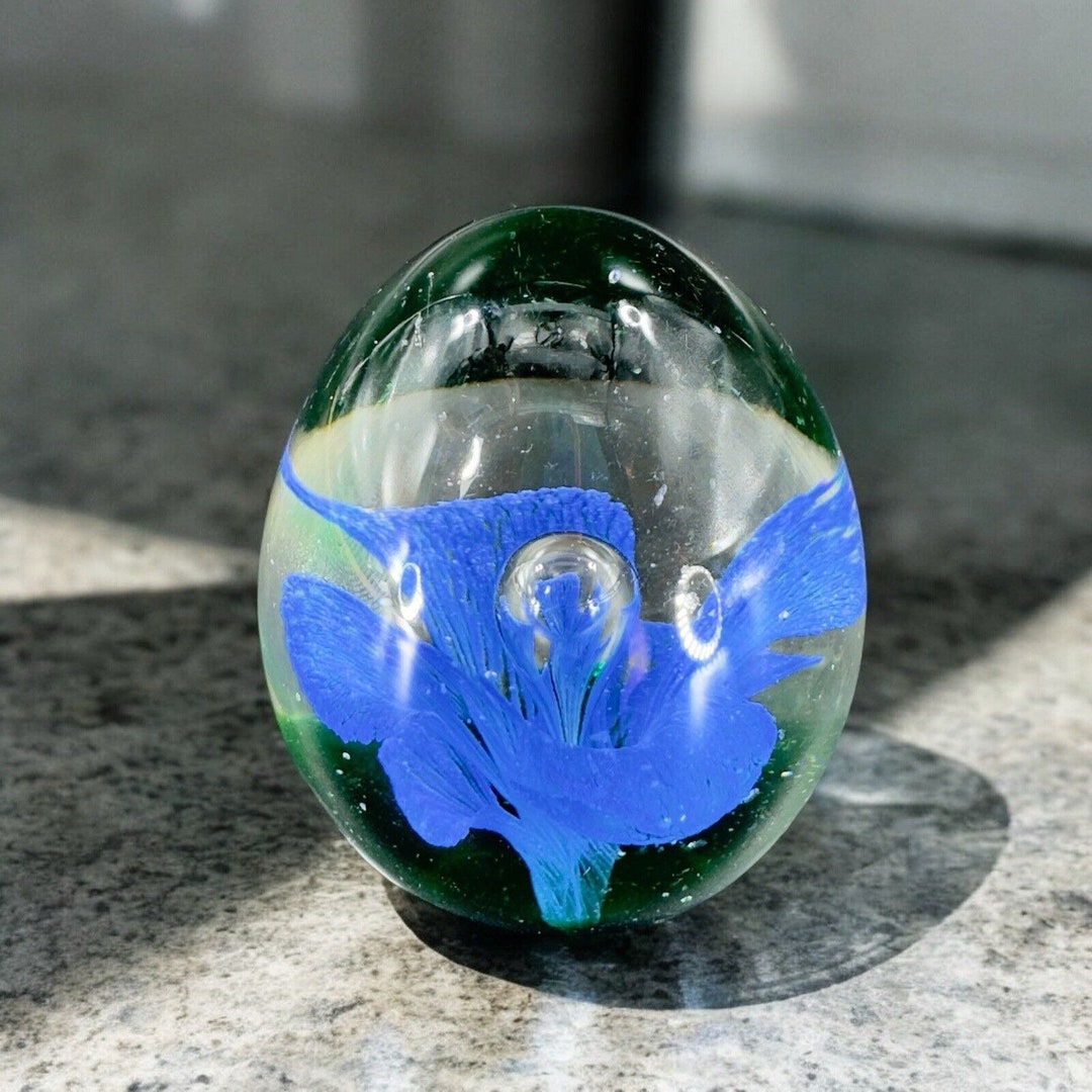 Art Glass Paperweight With Blue Flower Inside Green Leafs Glass Egg ...