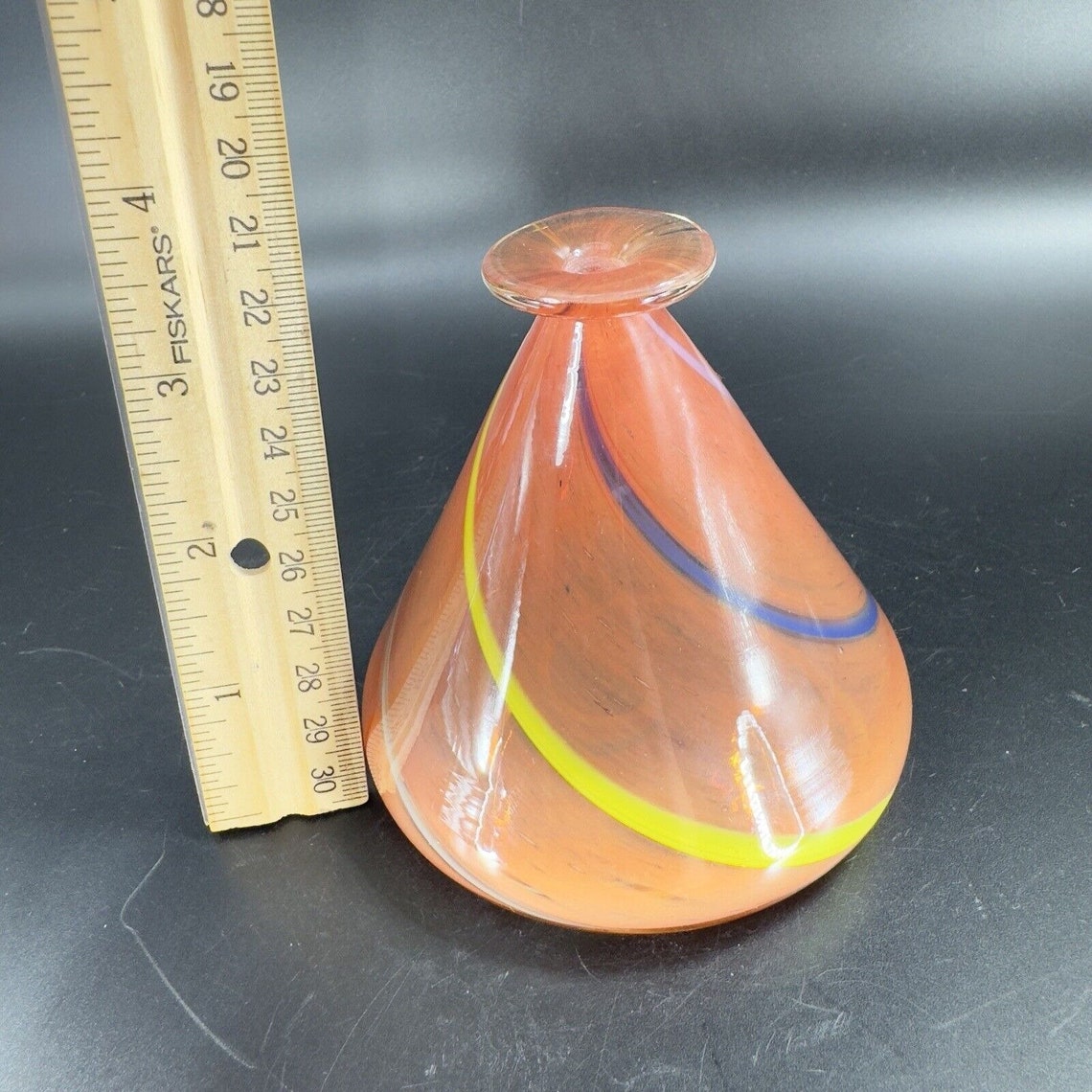 Hand Made Art Glass Triangular Bud Vase Multicolor Swirls Artist Marked ...