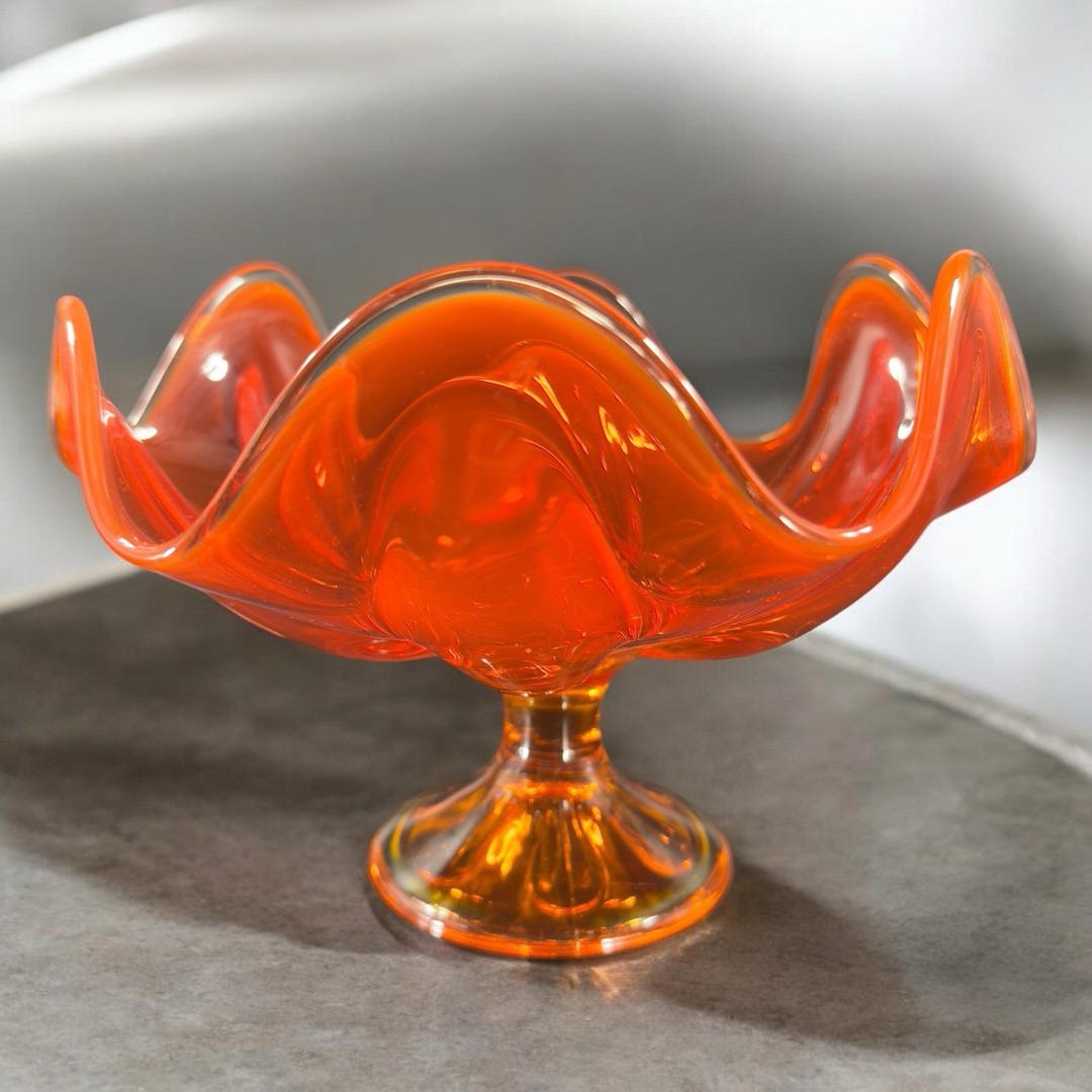 MCM Viking Glass Epic Line Footed Compote Dish Bowl Six Pedal Persimmon ...