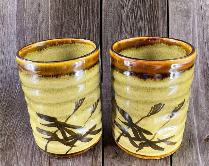Miya Japanese Stoneware Pottery Cup Tumbler Set 2 Green Leafs Pattern ...