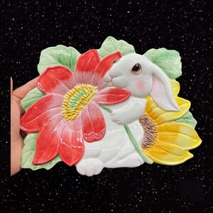 Fitz and Floyd Rabbit Bunny Blooms Plate Dish Flowers Platter 9”L 7.5”W ...