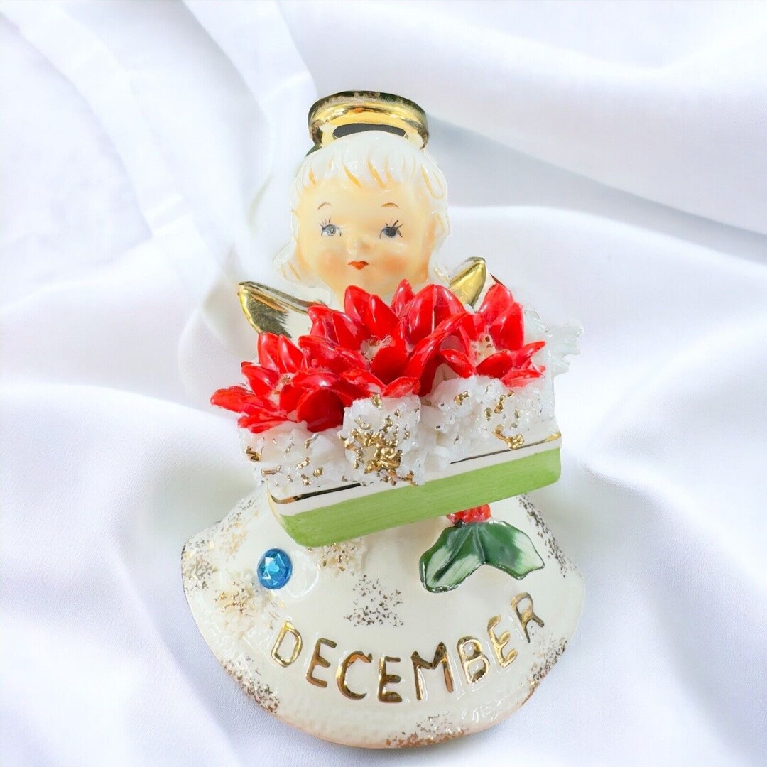 Lefton Angel of the Month Figurine Poinsettia Blue Zircon December ...
