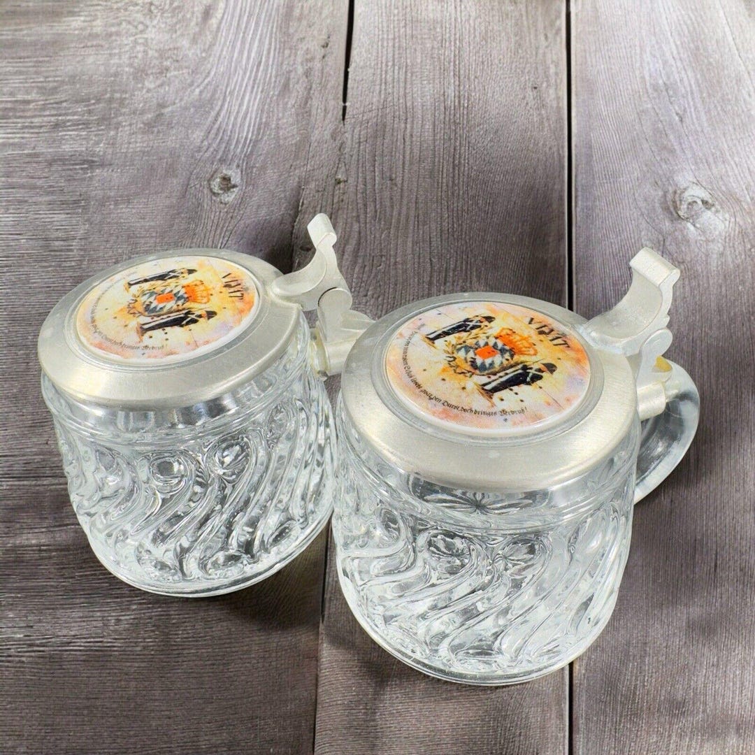 BMF Schnapskrugerl Mini Beer Stein Set 2 Metal Lids Clear Glasses Cups ...