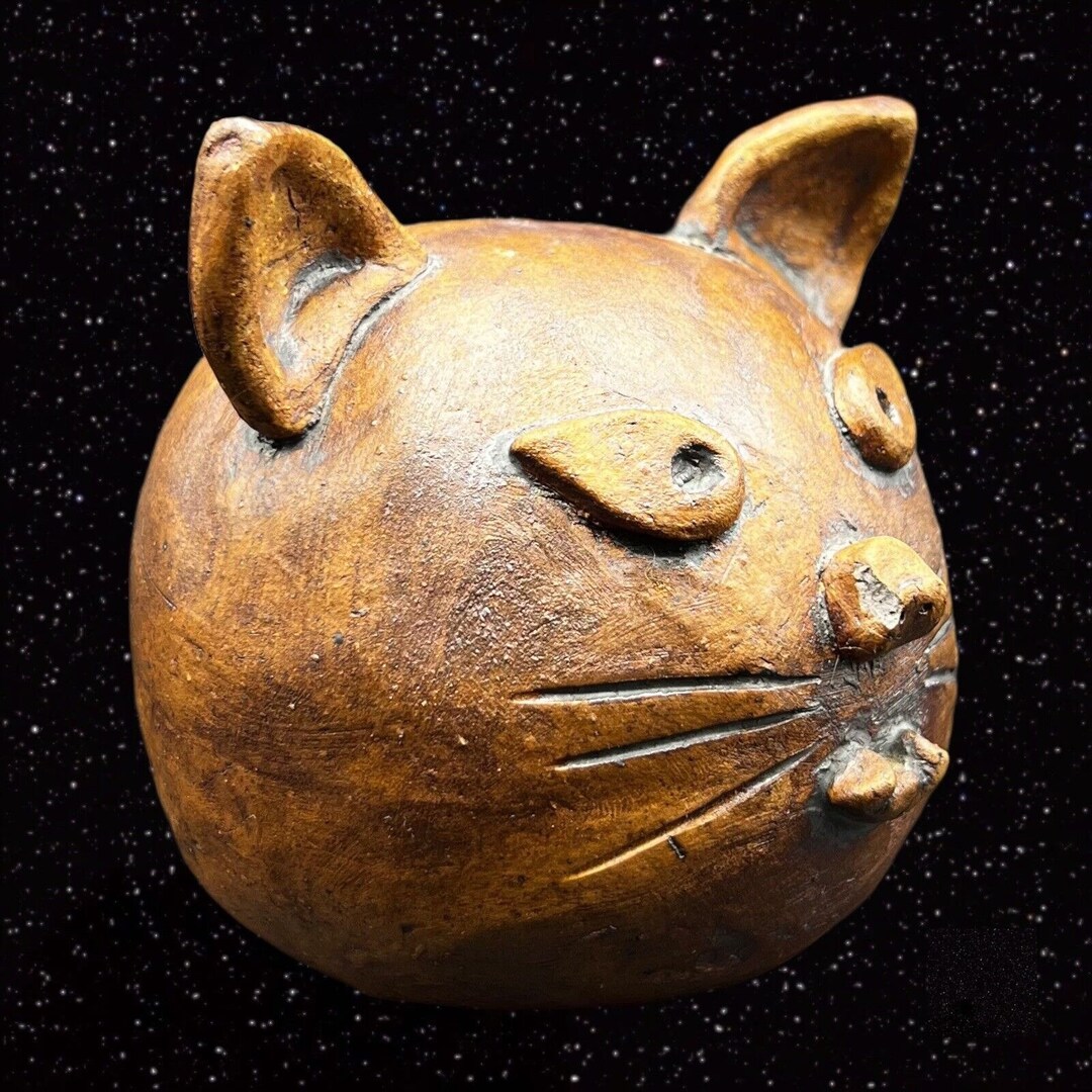 Vintage Studio Art Pottery Cat Head Bust Signed Bellamy Primitive 3.5T ...