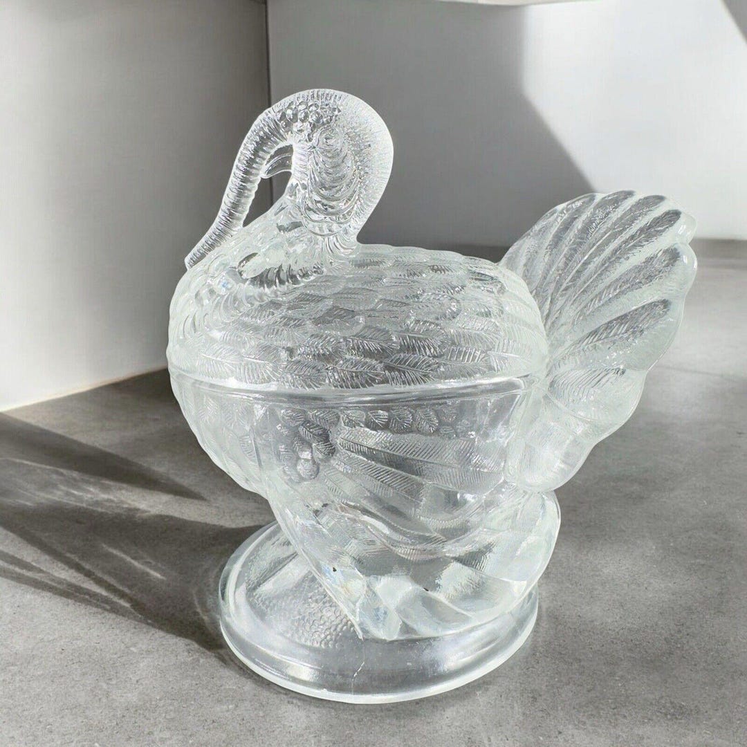 Vintage LE Smith Clear Glass Turkey Shaped Lidded Candy Dish Container ...