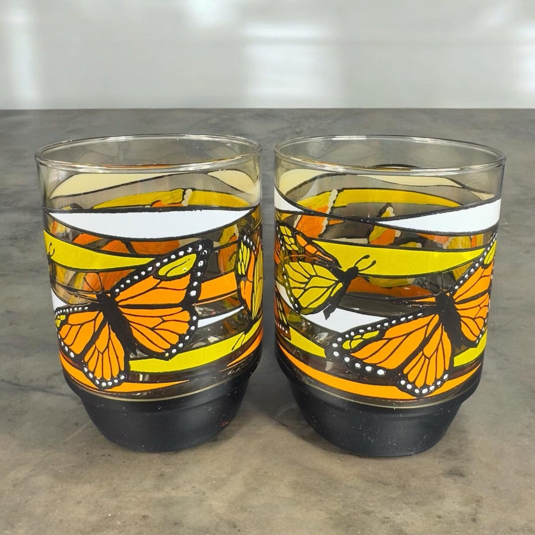 Libbey Monarch Butterfly Drinking Glasses Smoked Brown Lowball Tumbler ...