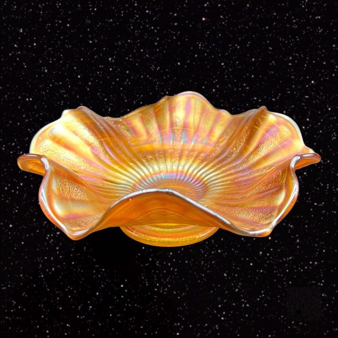 Fenton Glass Stippled Rays Scale Band Exterior Iridescent Bowl Marigold ...