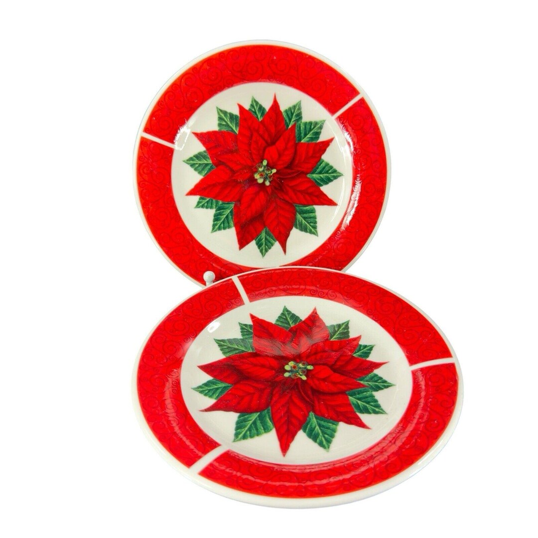 Oneida China Red Poinsettia Design Ceramic Plate Dish Set 2 Porcelain ...