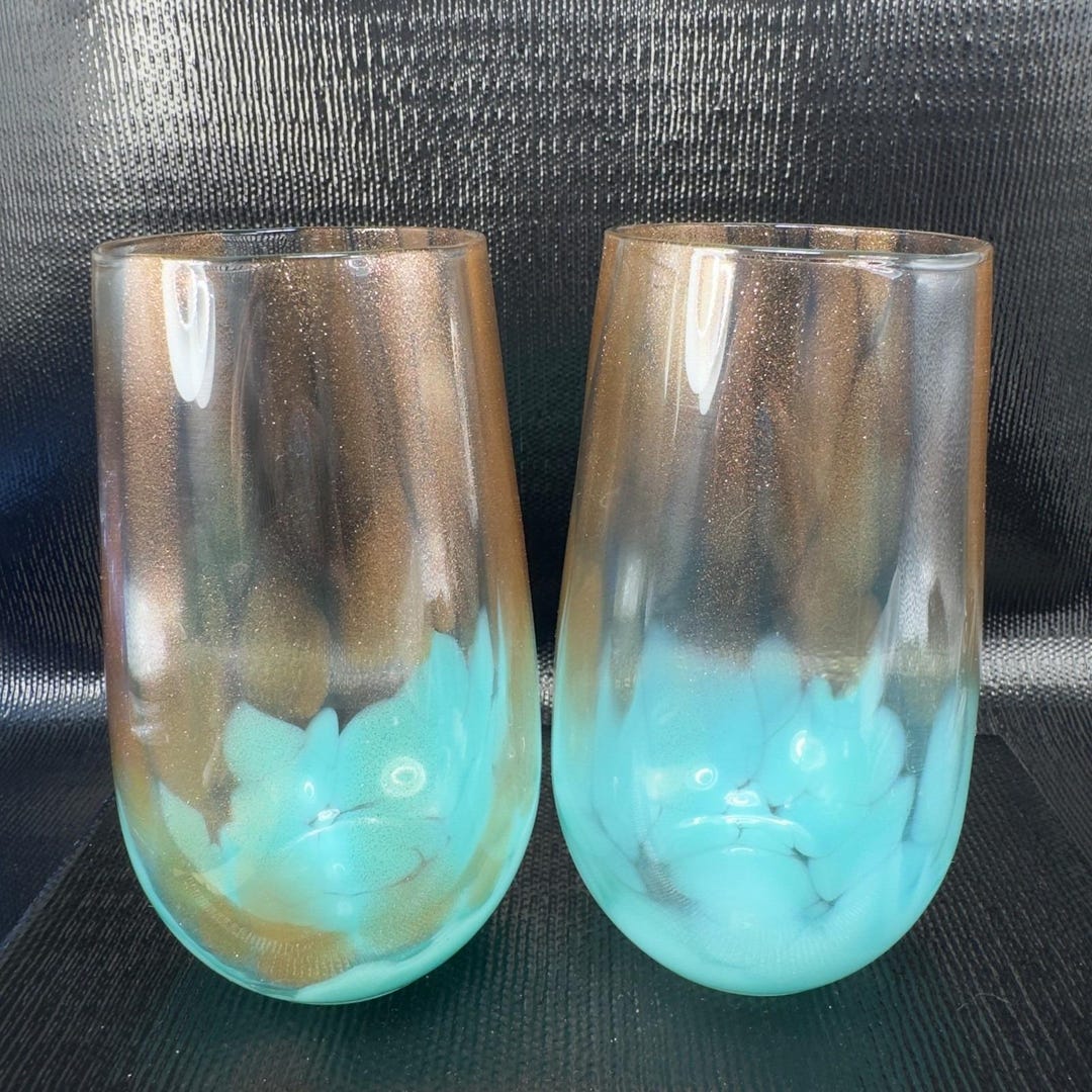 SIMONE High Ball Glasses Set 2 Cups Teal Copper Glitter Shimmer ...
