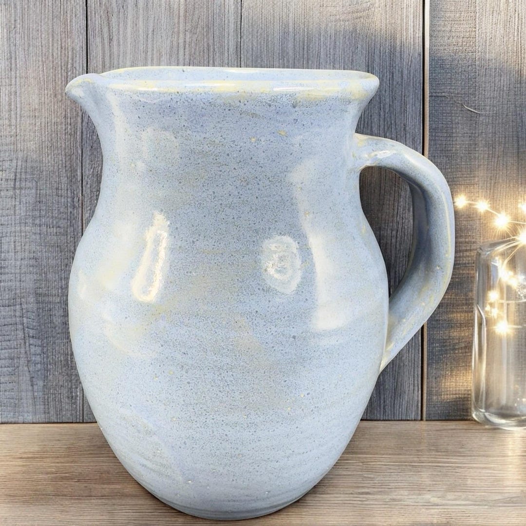 1993 Stoneware Pottery Light Blue Glaze Jug Pitcher Hand Made Artist ...