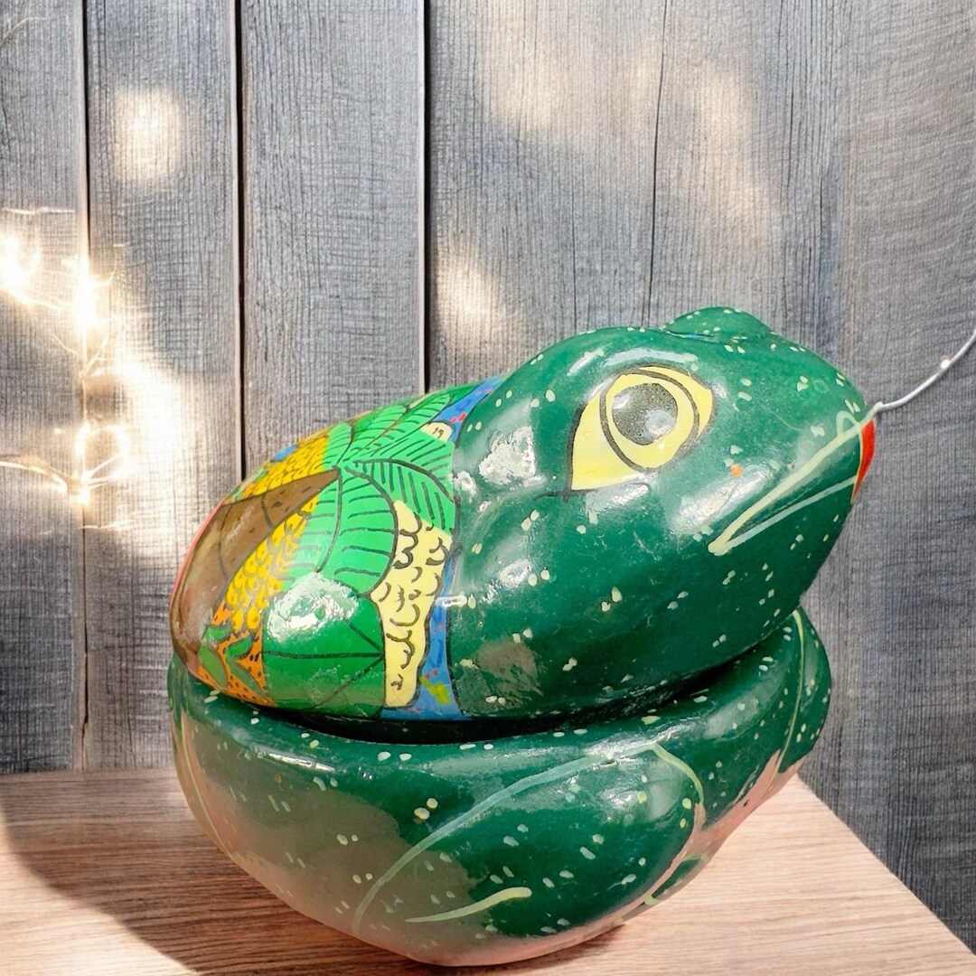 Mexican Redware Pottery Hand Painted Frog Shape Trinket Holder Jewelry ...