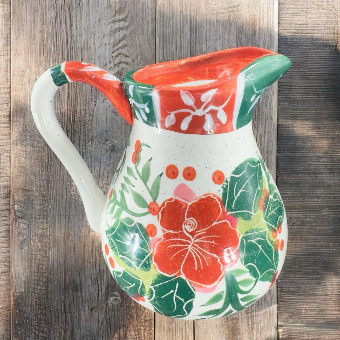 2003 Julie Ueland Pottery Stoneware Pitcher Jug Carafe Floral Pattern ...