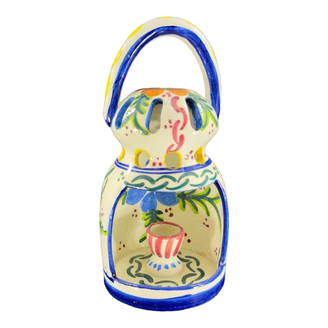 Folk Art Pottery Candle Holder W Handle Votive Hand Painted Made in ...