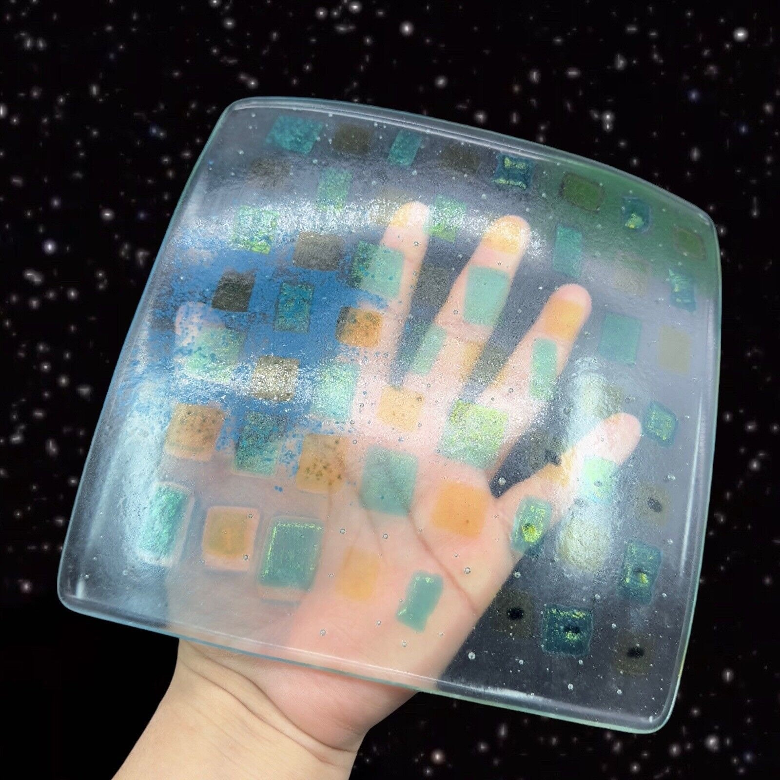 Square Fused Art Glass Dish Plate Textured Iridescent Glass W - Etsy