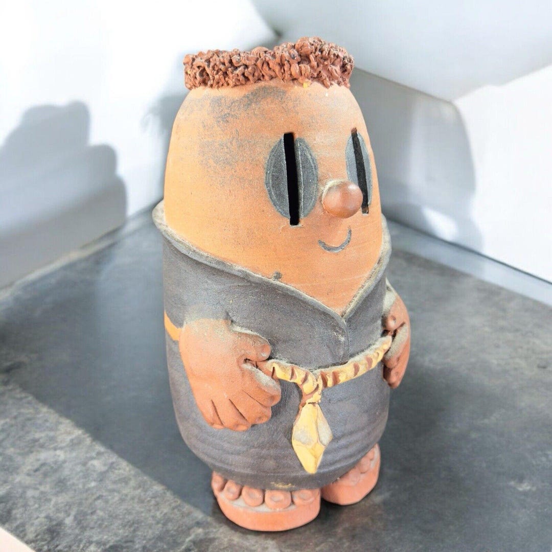 VTG Hand Made Large Coin Bank California Redware Pottery Boy Signed S E ...