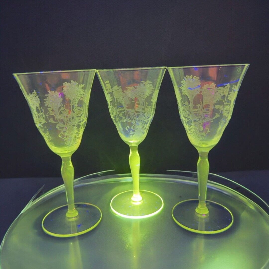 Morgantown Glass Mayfair Champagne Stem Antique Manganese 365nm Green ...