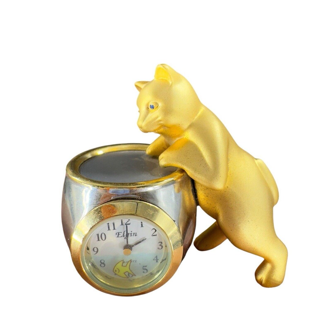 Elgin Miniature Collectable Desk Clock Cat Kitty Needs Batteries Metal ...