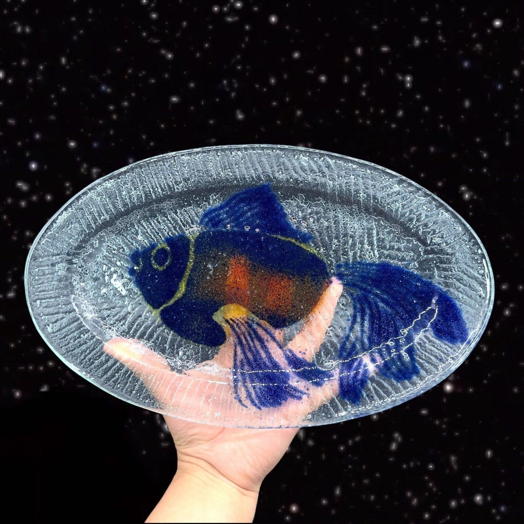 Large Fused Studio Art Glass Fish Tray Dish Hand Made Clear Glass 13.5 ...