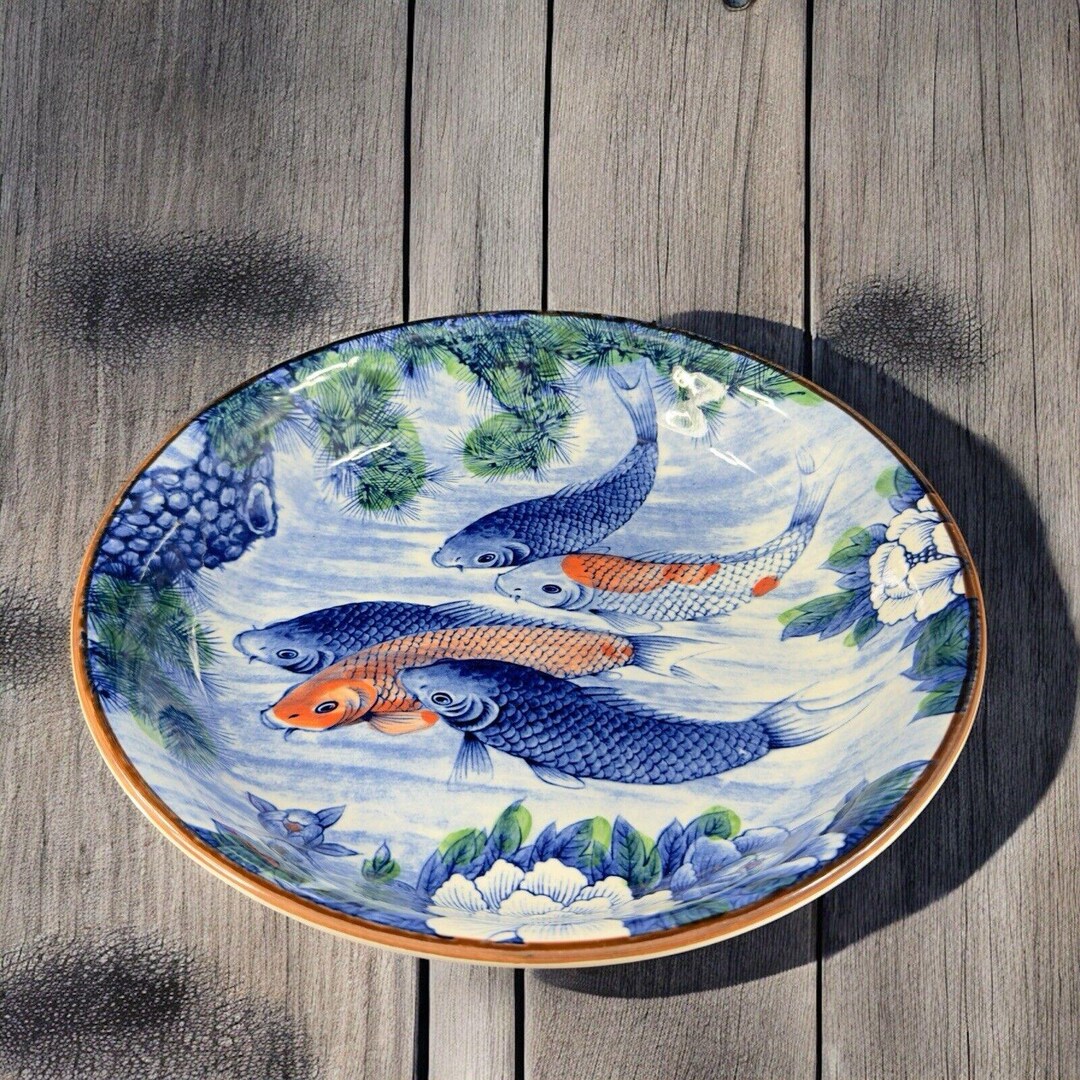 Japanese Toyo Koi Fish Swimming Pond Porcelain Serving Dish Bowl Plate ...
