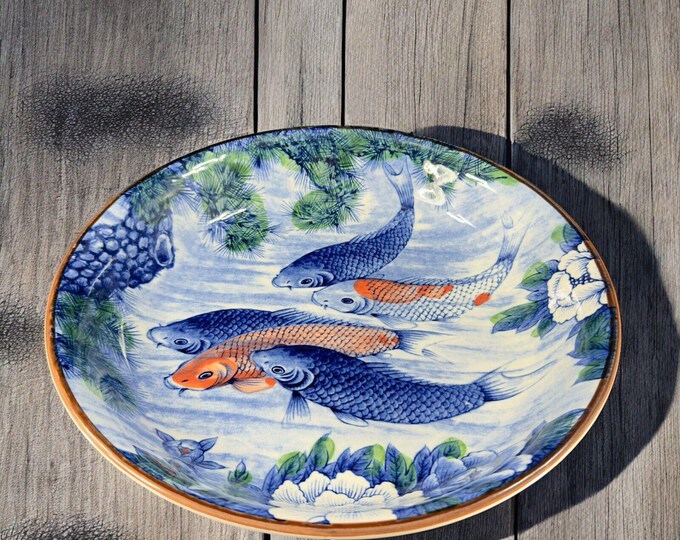 Japanese Toyo Koi Fish Swimming Pond Porcelain Serving Dish Bowl Plate ...