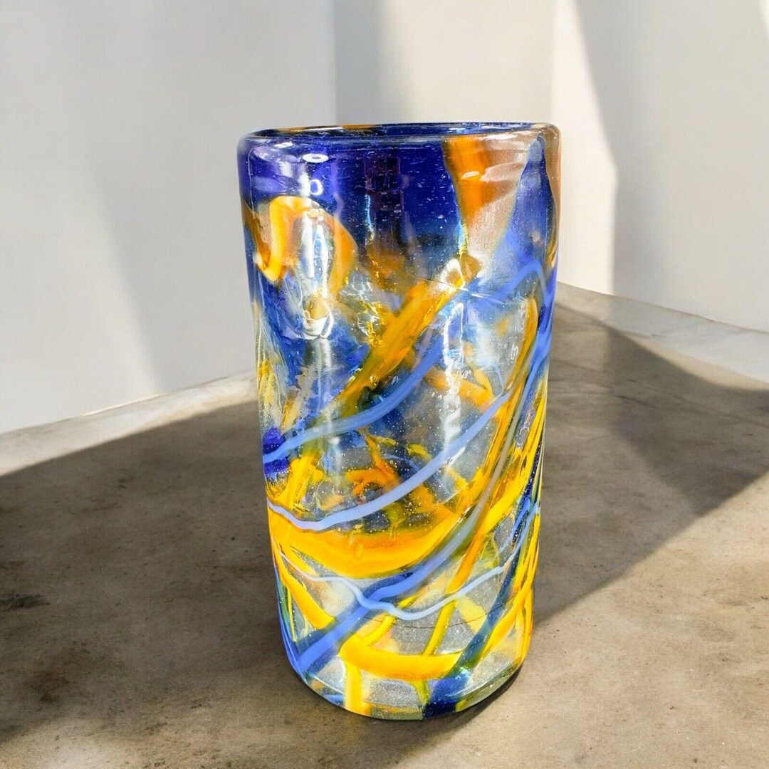 Hand Blown Cylinder Shape Art Glass Vase Large Tumbler Multicolor ...