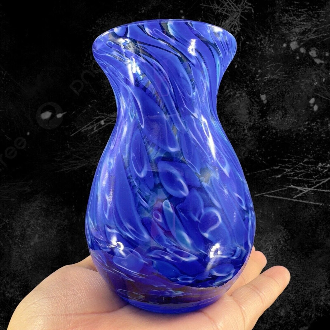 Hand Blown Art Glass Vase Heavy Polished Bottom Cobalt Blue White Spots ...