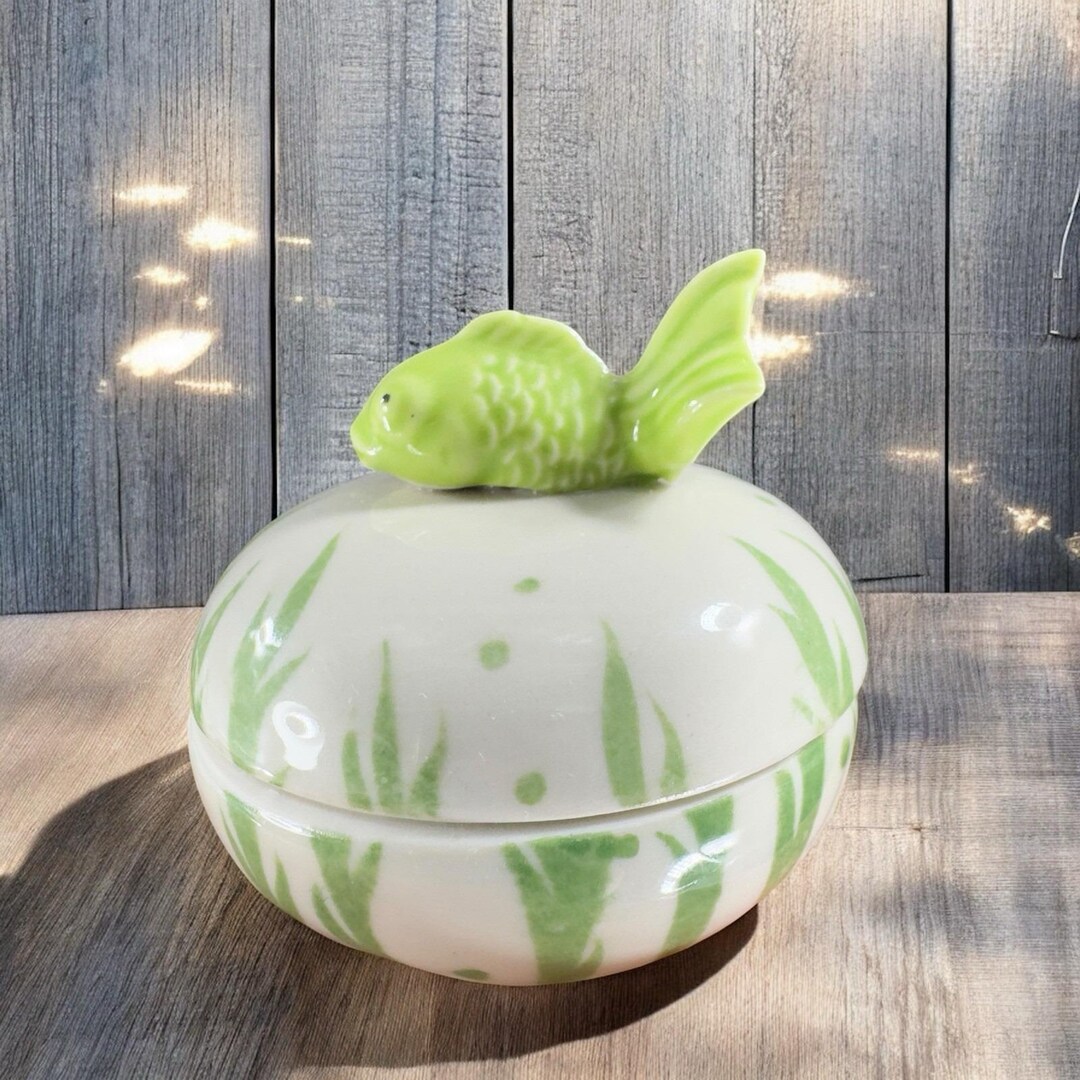 Andrea by Sadek Fish Trinket Box Ceramic Thailand Seagrass Green ...