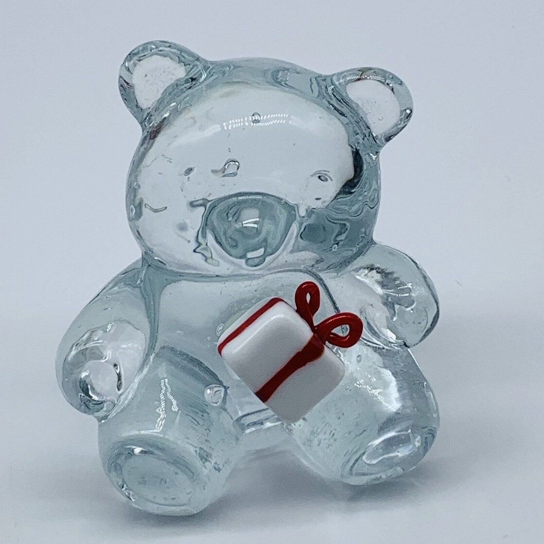 Vintage Art Glass Clear Bubbled Teddy Bear With Present Paperweight ...