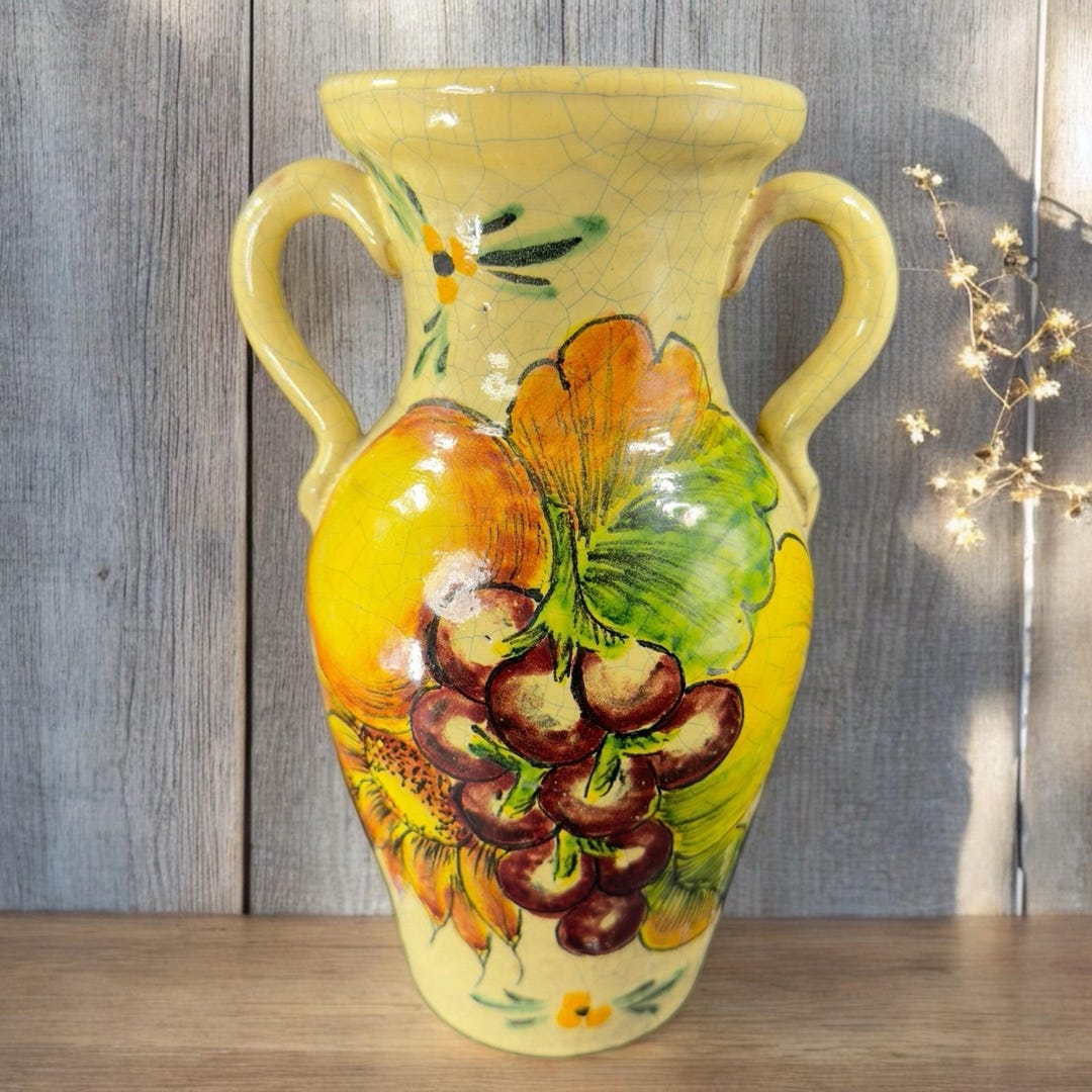 Venetian Italian Pottery Vase Jug With Handles Crackled Glaze Fruit ...