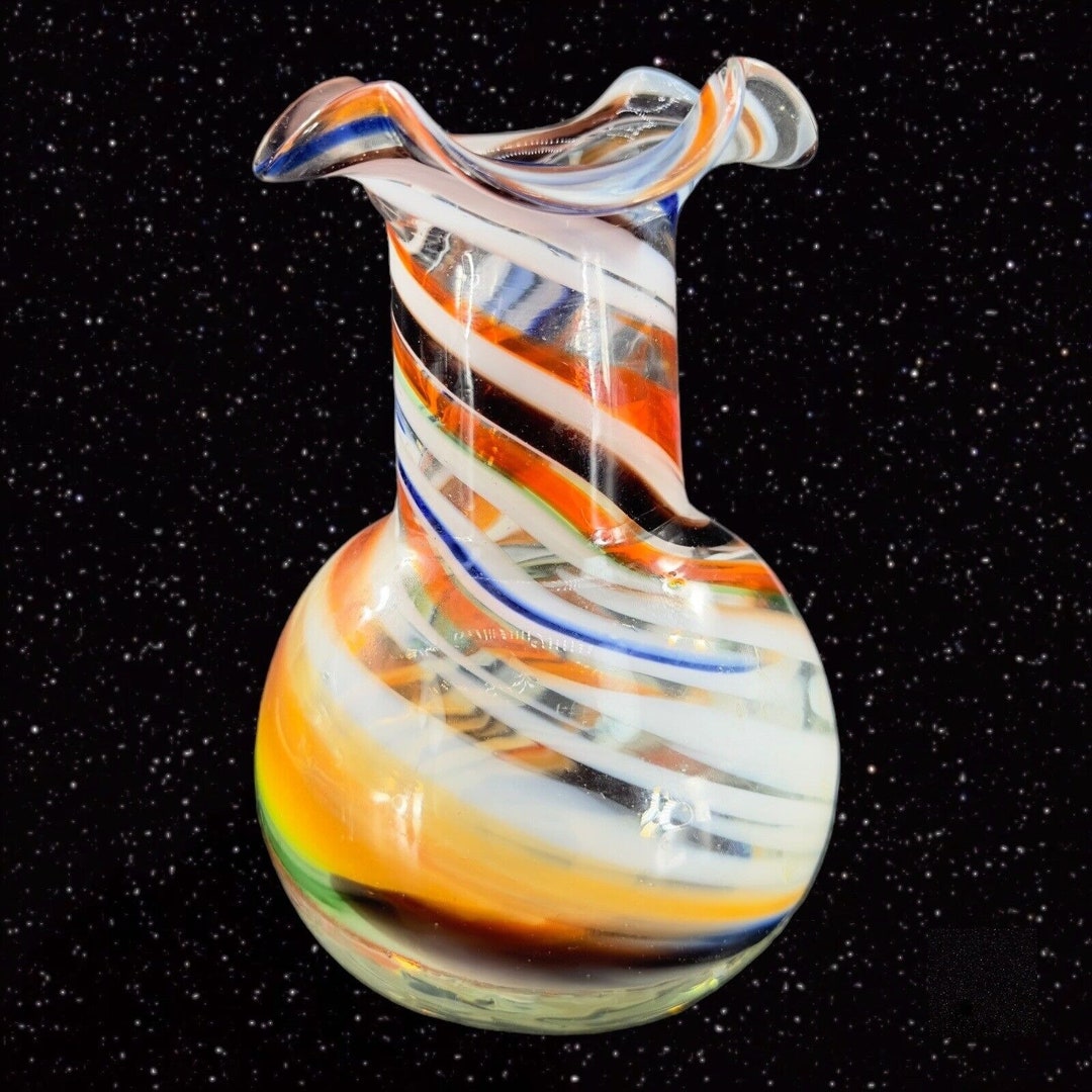 Multicolor Art Glass Vase Slag Style Ruffled Edges Glass Vase Swirls 5 ...