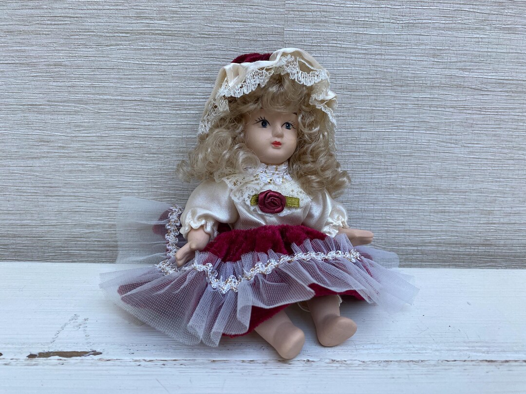 Vintage Small Porcelain Girl Doll - Red Velvet Hat and Skirt Blonde ...