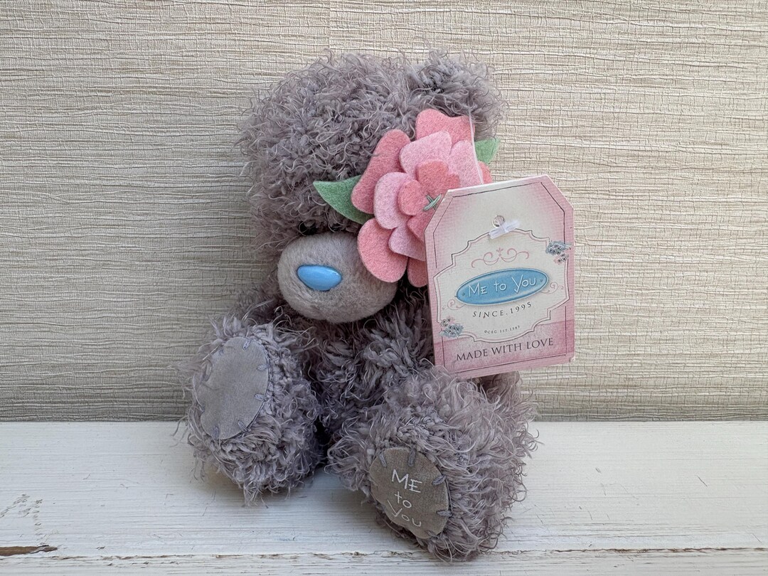 Tatty Grey Teddy Bear Soft Toy Plush Holding A Flower 5 " Seated With ...