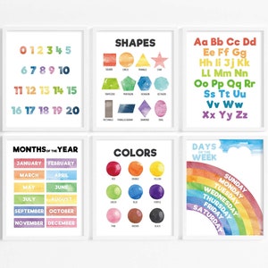 Set of 6 Educational Learning Prints Watercolor Rainbow ABCs Numbers ...