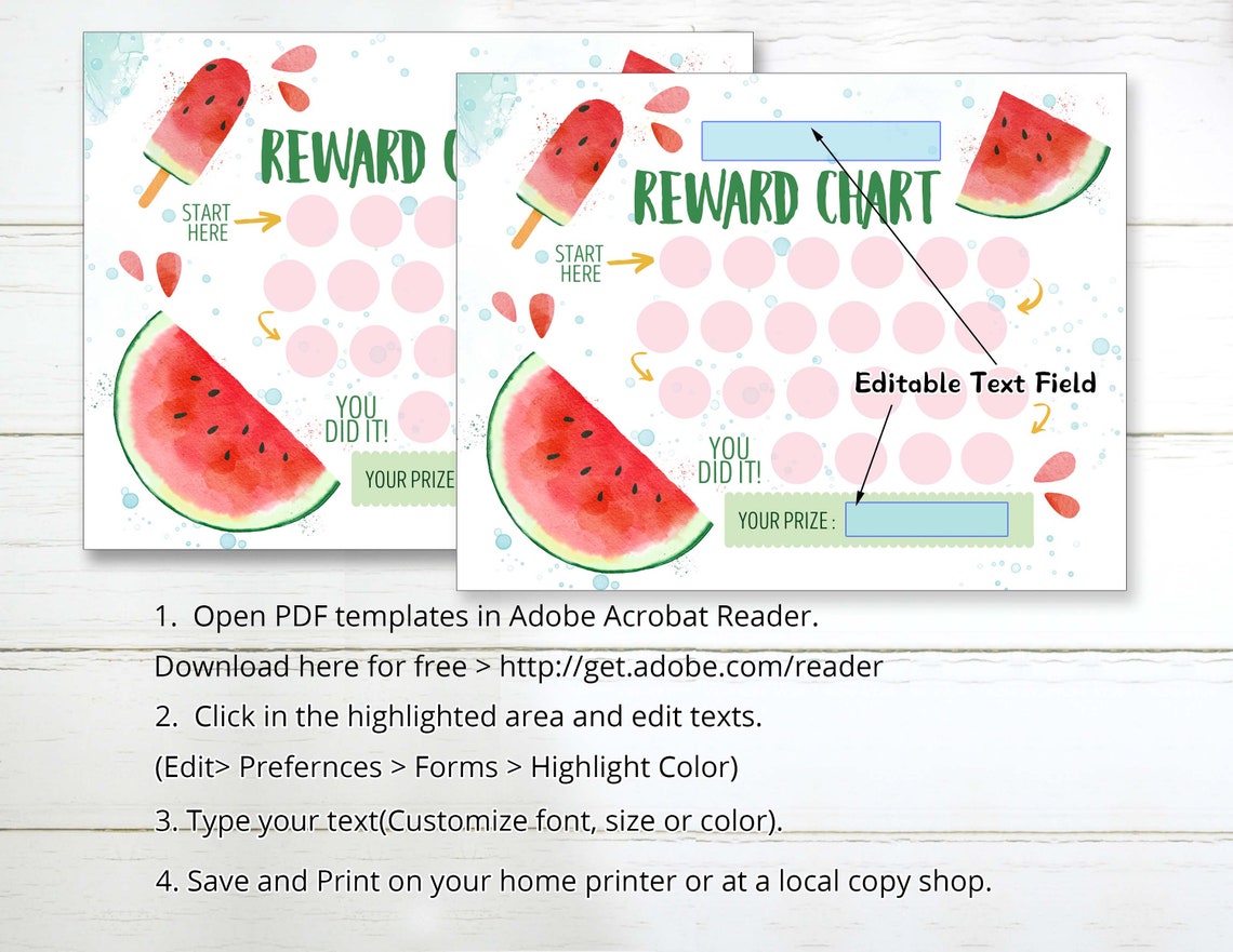 Printable Watermelon Reward Chart For Kids Editable PDF Summer | Etsy